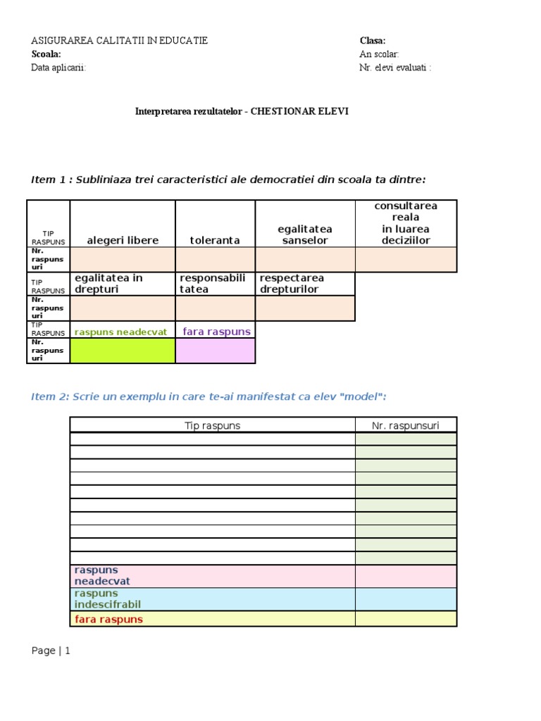 Model Interpretare Chestionar Elevi Asigurarea Calitatii in Educatie