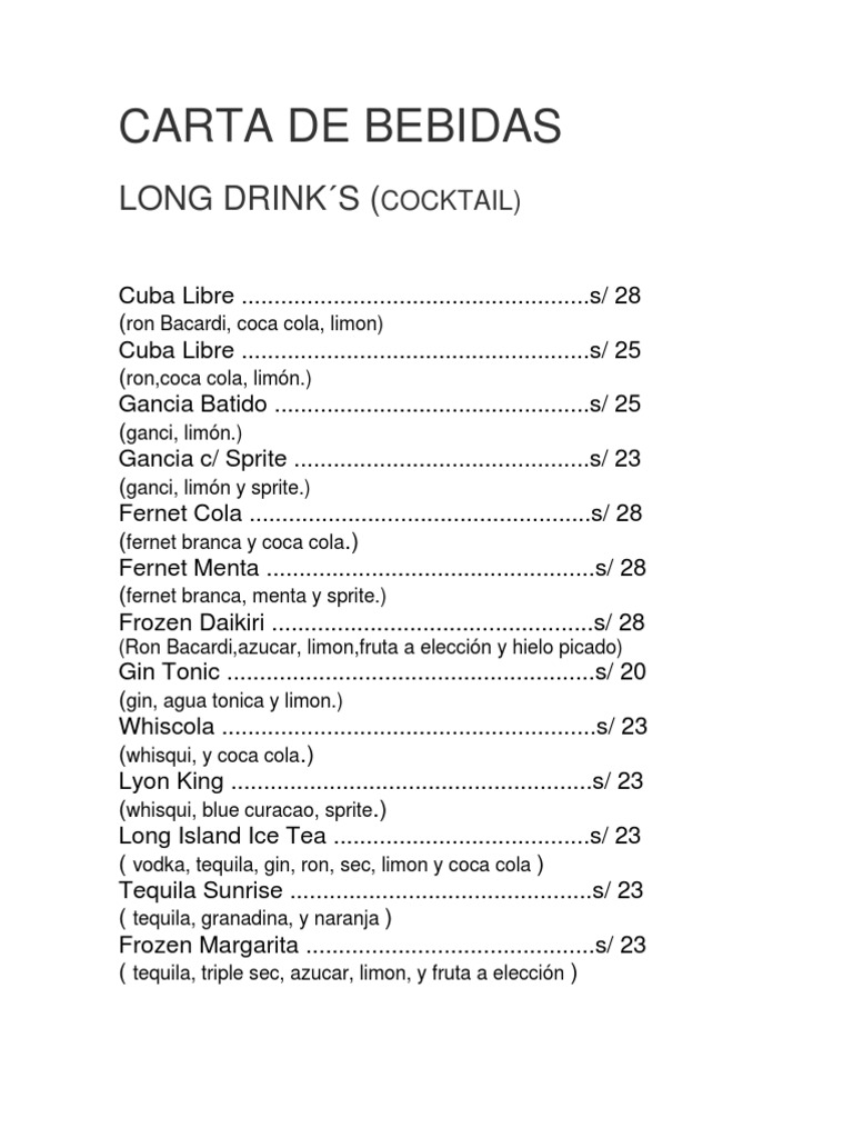 Carta de Bebidas | PDF | Bebida | Bebidas alcohólicas