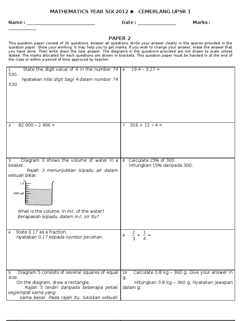 Soalan Matematik Tahun 6 Kertas 2 (Set 1) | PDF | Teaching Mathematics