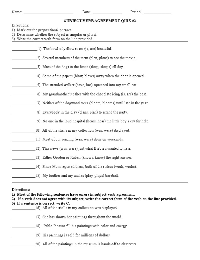 Subject-Verb Agreement Quiz #2 | PDF | Verb | Languages