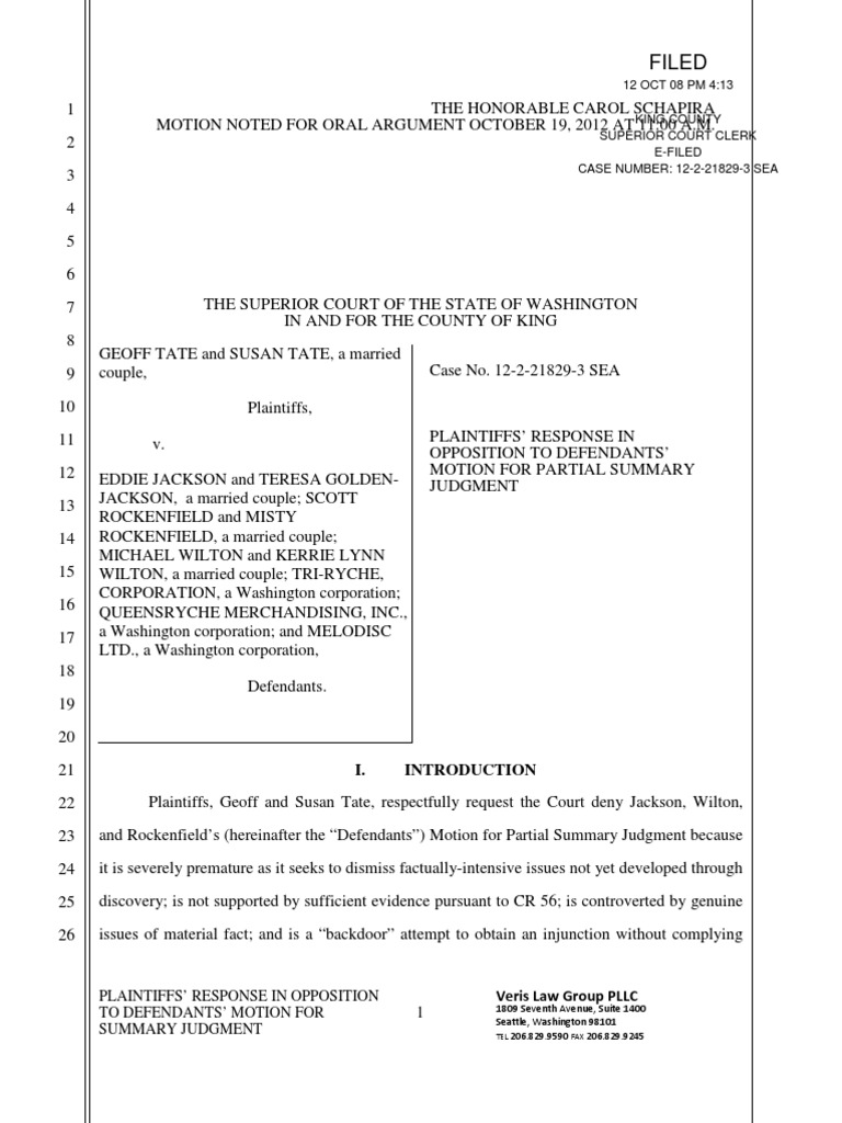 Geoff Tate Response in Opposition To Motion For Partial Summary ...