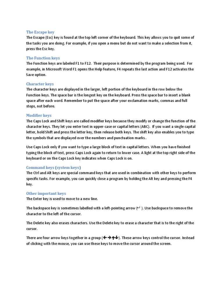 Keys On The Keyboard | PDF | Computer Keyboard | Cursor (User Interface)