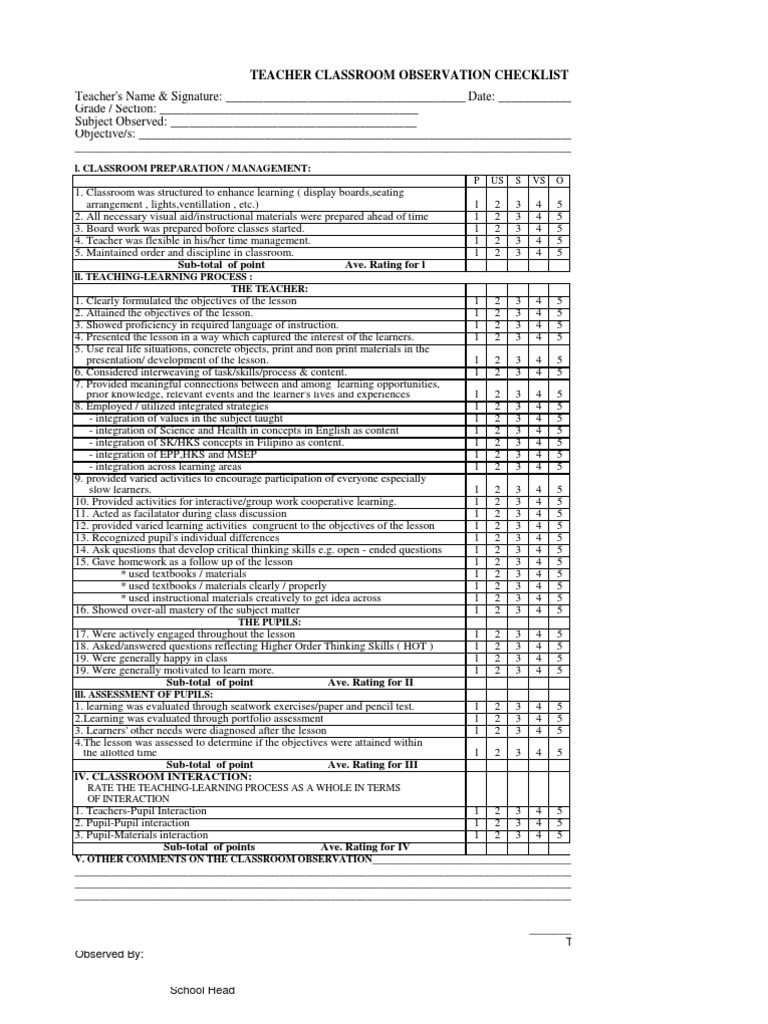 Teacher Classroom Observation Checklist-1 | PDF | Educational ...