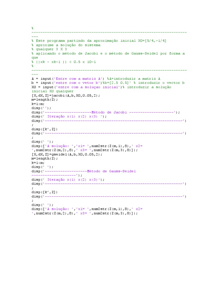 Método de Jacobi e o Método de Gauss-Seidel (Matlab) | PDF