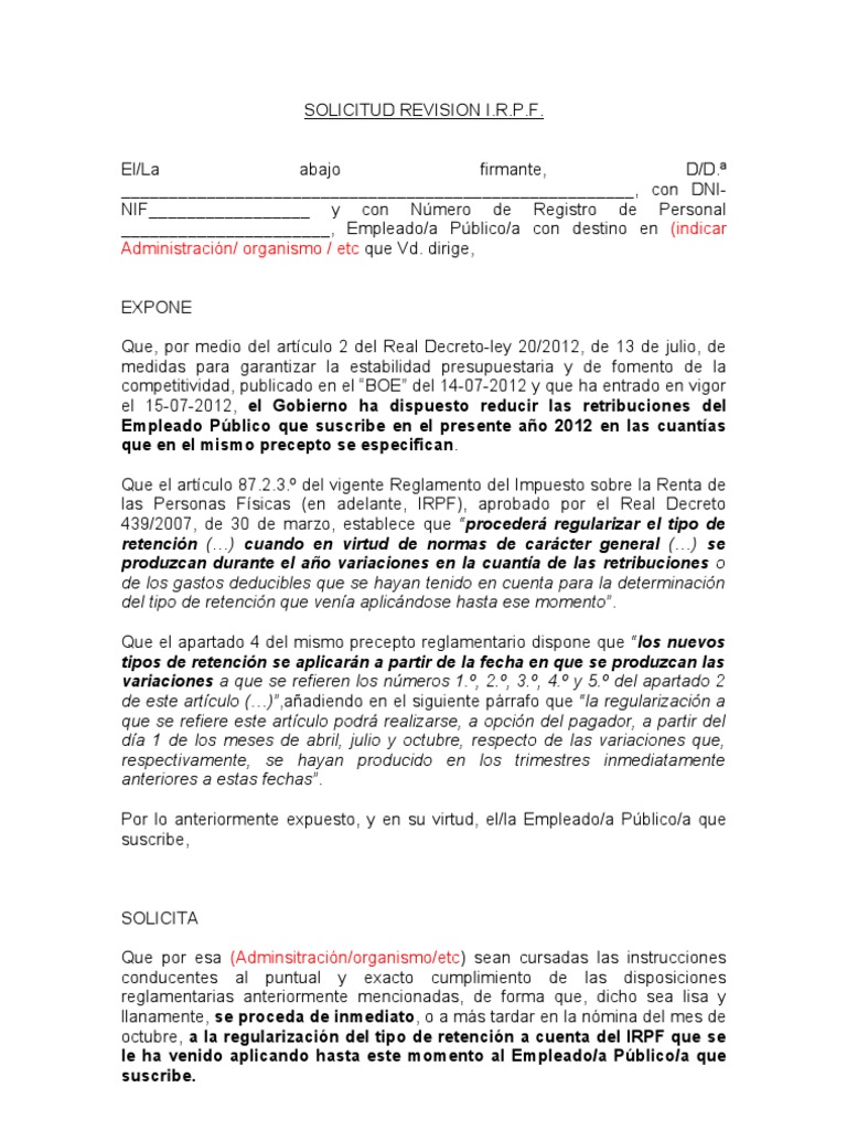 Modelo Solicitud Revsi N Retenci N Irpf Csif Doc 13181 | PDF | Gobierno