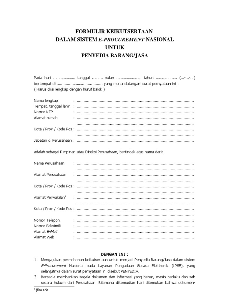 Formulir Keikutsertaan Dalam Sistem E-Procurement Nasional Untuk Penyedia Barang/jasa | PDF