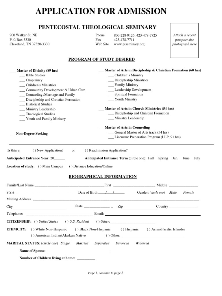 Application For Admission: Pentecostal Theological Seminary | PDF ...