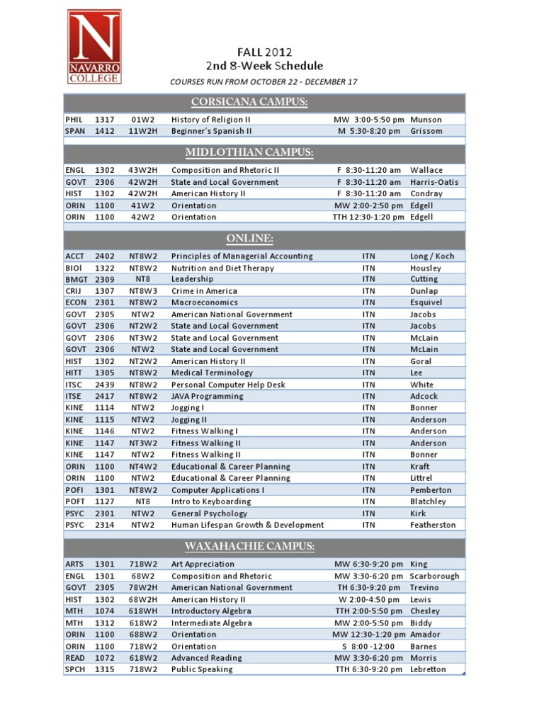 Fall 2012 2nd 8 Week Schedule Pdf