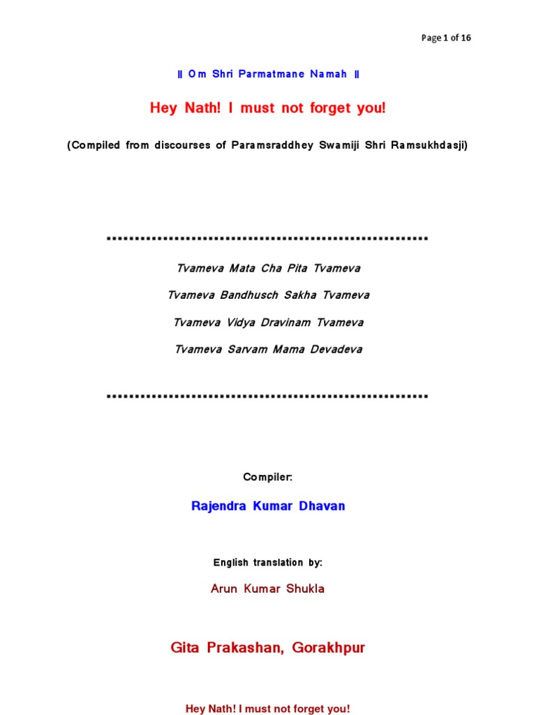 Hey Nath Main Aapko Bhulu Nahin - Swami Ramsukhdas Ji | PDF | Prayer ...