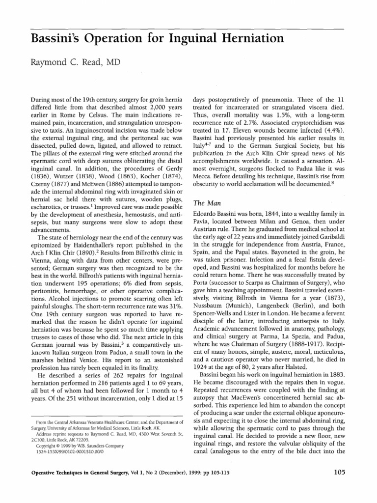 Bassini's Operation For Inguinal Herniation: Raymond C. Read, MD | PDF