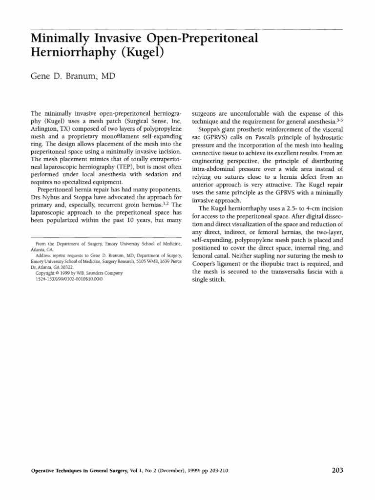 Minimally Invasive Open-Preperitoneal Herniorrhaphy (Kugel) : Gene D ...