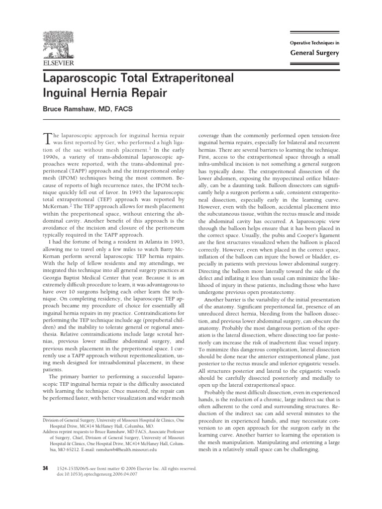 Laparoscopic Total Extra Peritoneal Inguinal Hernia Repair | PDF ...