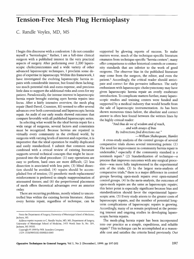 Tension-Free Mesh Plug Hernioplasty: C. Randle Voyles, MD, MS | PDF ...