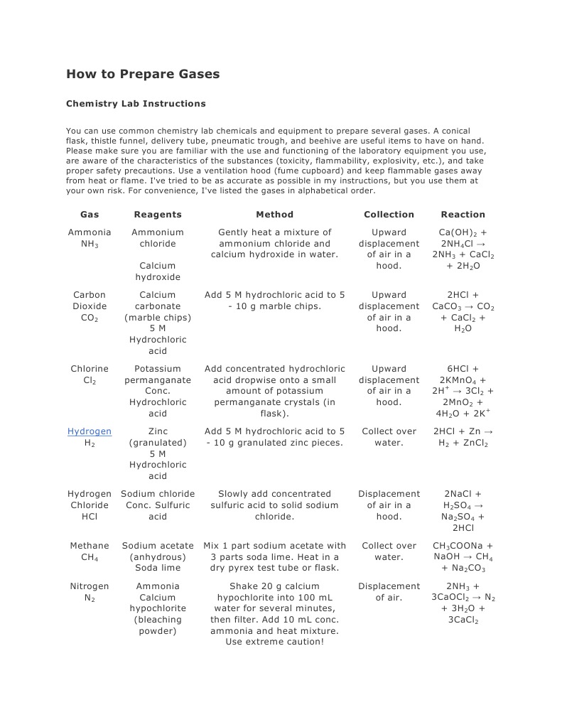 How To Prepare Gases: Chemistry Lab Instructions | PDF | Hydrochloric ...