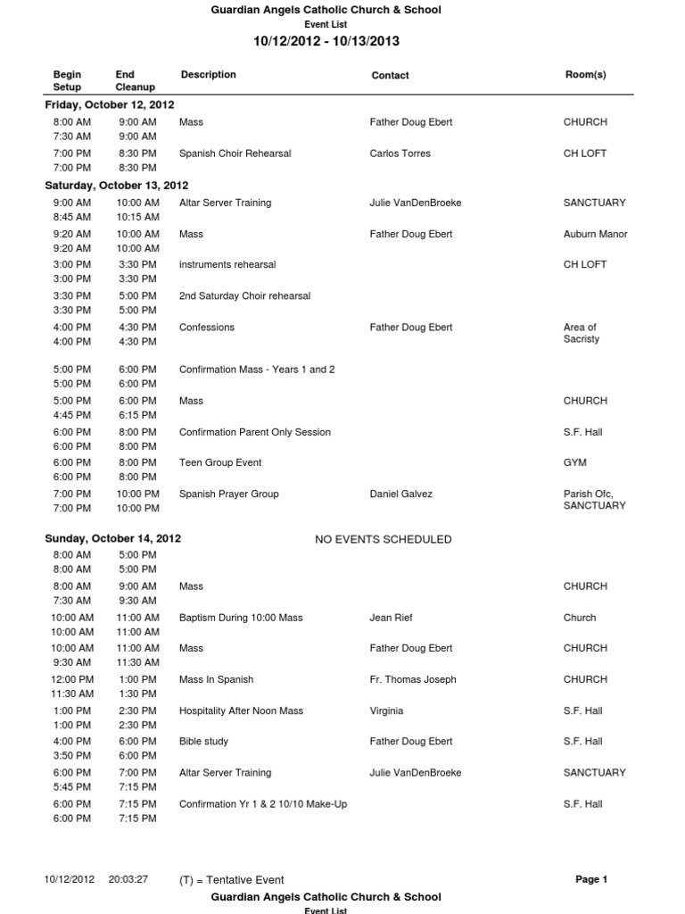 Parish Event Calendar | PDF | Mass (Liturgy) | Workweek And Weekend