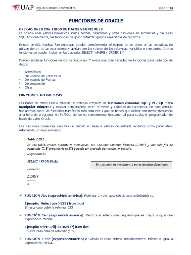 Funciones Oracle 11g | PDF | SQL | Software de gestión de datos