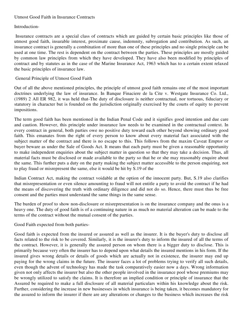 Principles of Utmost Good Faith in Insurance | PDF | Misrepresentation ...