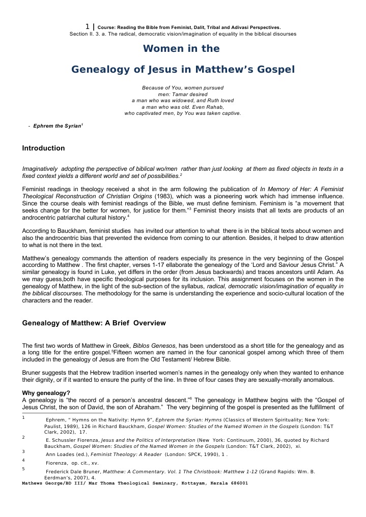 Women in The Genealogy | PDF | Ruth (Biblical Figure) | Gospel Of Matthew