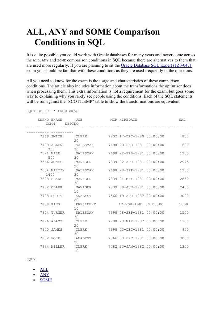 ALL, ANY and SOME Comparison Conditions in SQL: Oracle Database SQL Expert (1Z0-047) | PDF | Sql ...