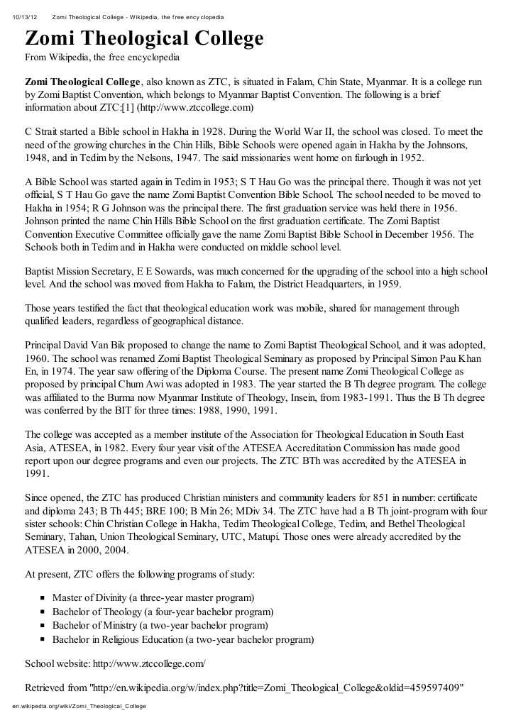 Zomi Theological College (ZTC) | PDF | Educational Stages | Religious Education