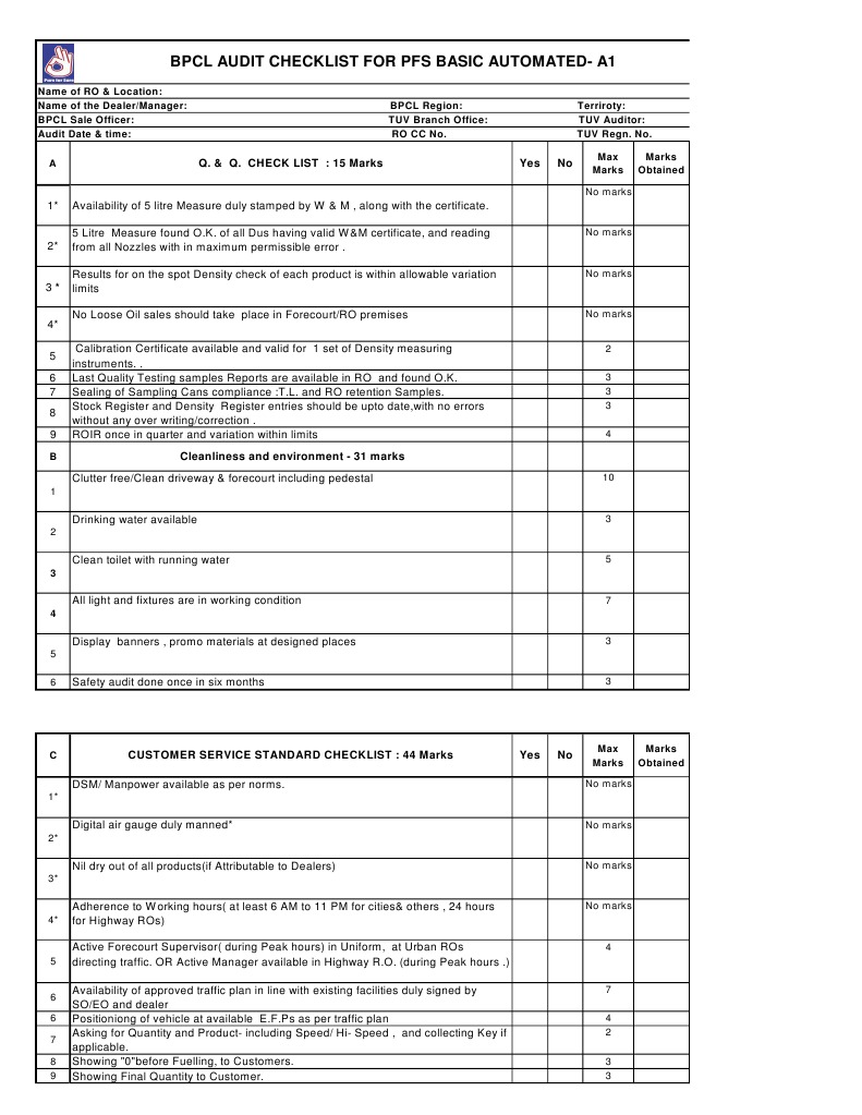 BPCL PFS Audit Checklist Overview | PDF | Calibration | Audit