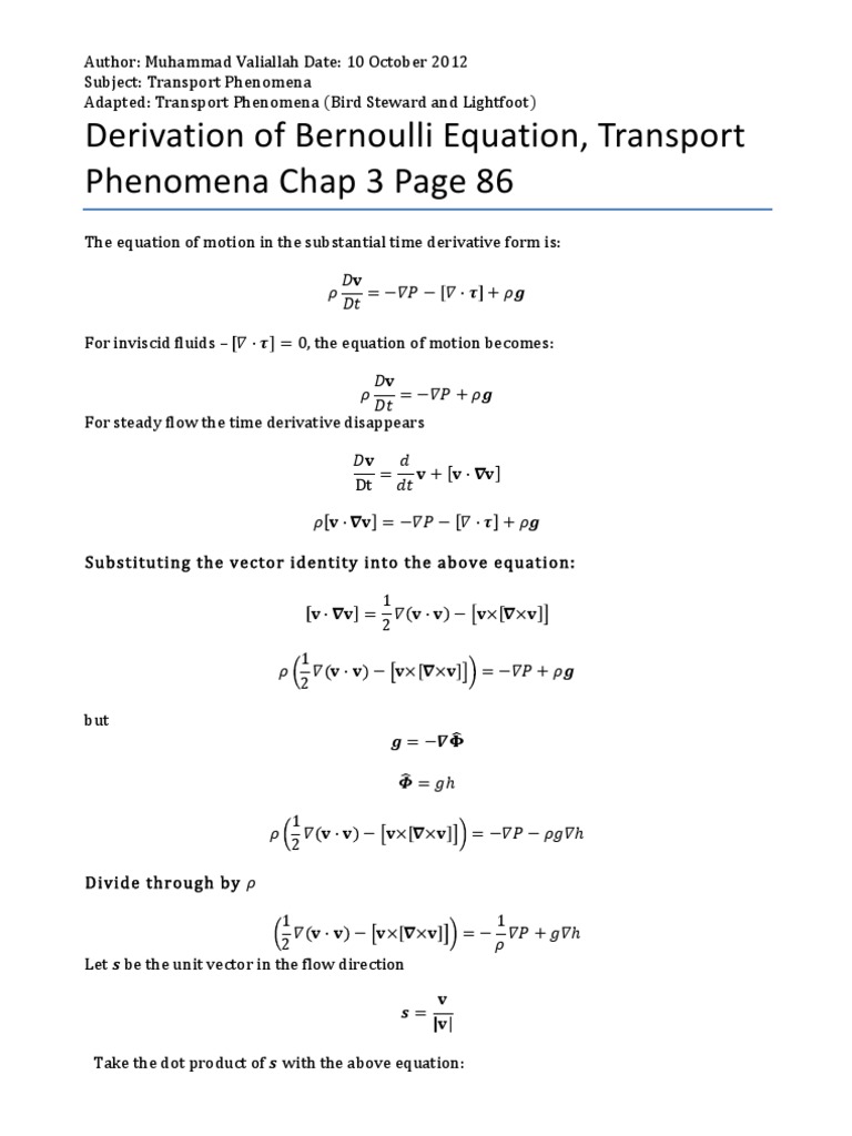 Derivation of Bernoulli Equation | PDF | Multiplication | Teaching ...