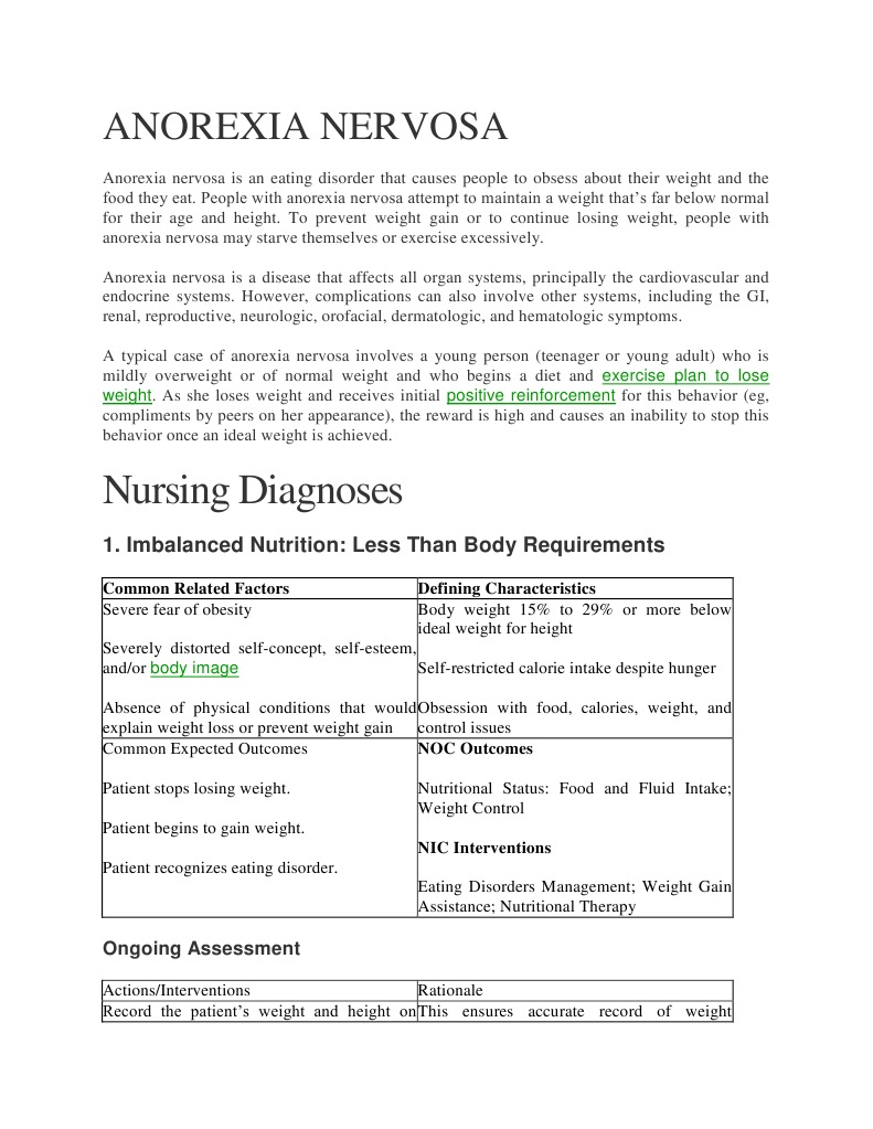 Nursing Diagnoses: Anorexia Nervosa | PDF | Anorexia Nervosa | Weight Loss