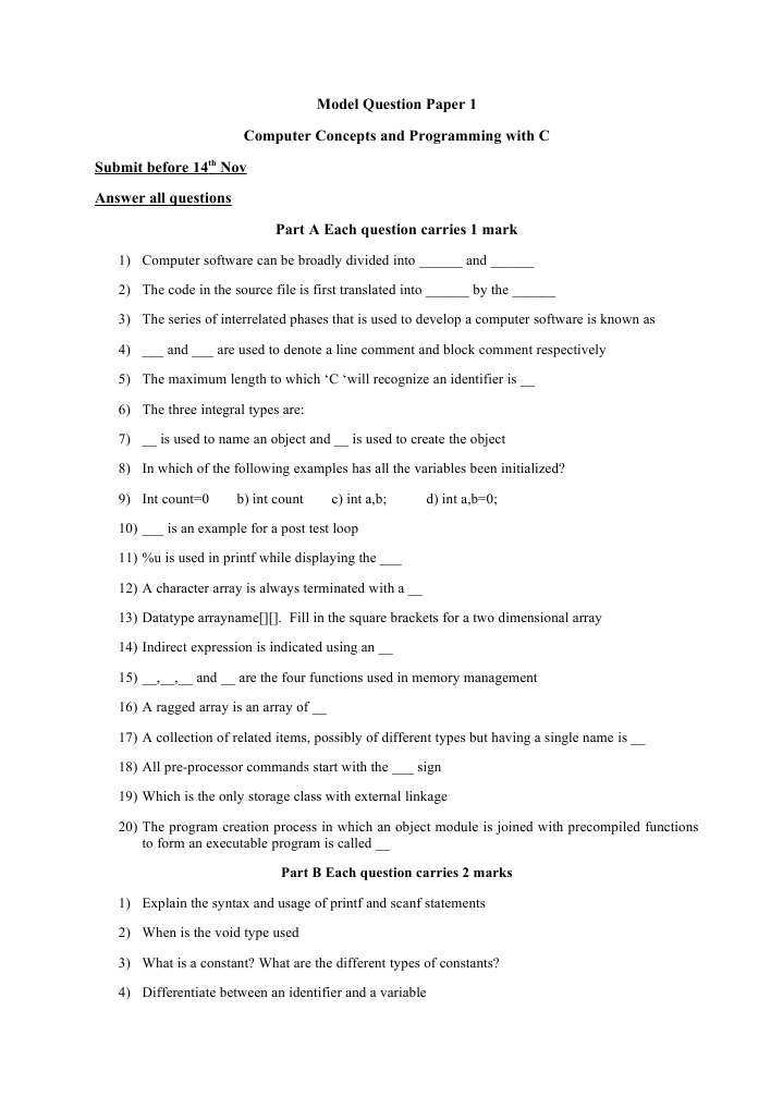 Model Question Paper 1 Computer Concepts and Programming With C Submit Before 14 Nov Answer All ...