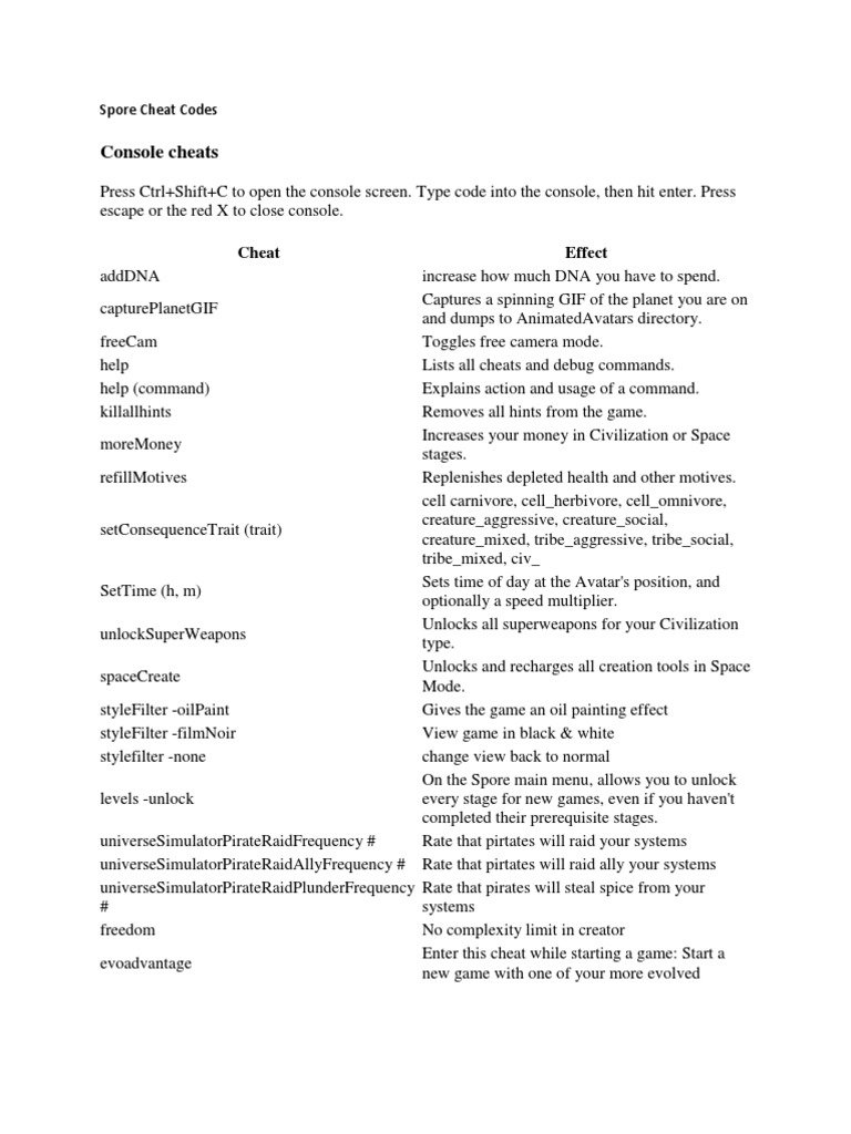 Spore Cheat Codes | PDF | Cheating In Video Games | Leisure