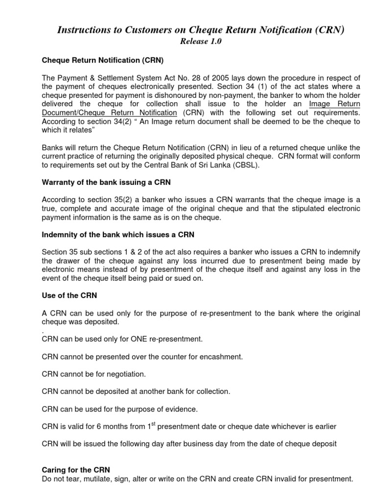 Cheque Return Notification Guidelines | PDF | Cheque | Negotiable ...