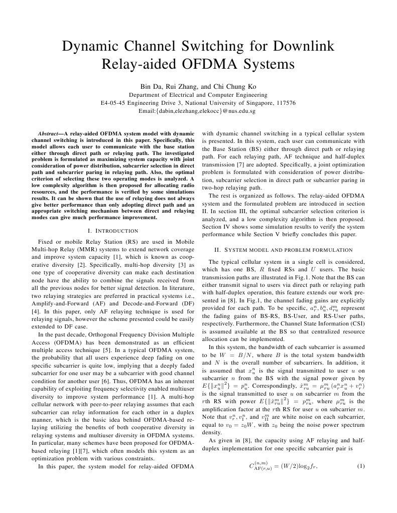 Dynamic Channel Switching For Downlink Relay-Aided OFDMA Systems | PDF | Telecommunications ...