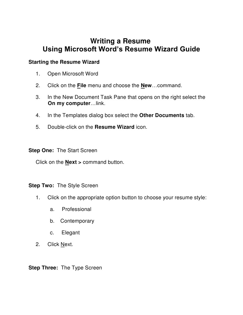 Writing A Resume Using Microsoft Word's Resume Wizard Guide | PDF ...