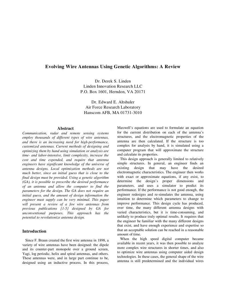 Evolving Wire Antennas Using Genetic Algorithms: A Review | PDF | Antenna (Radio) | Polarization ...