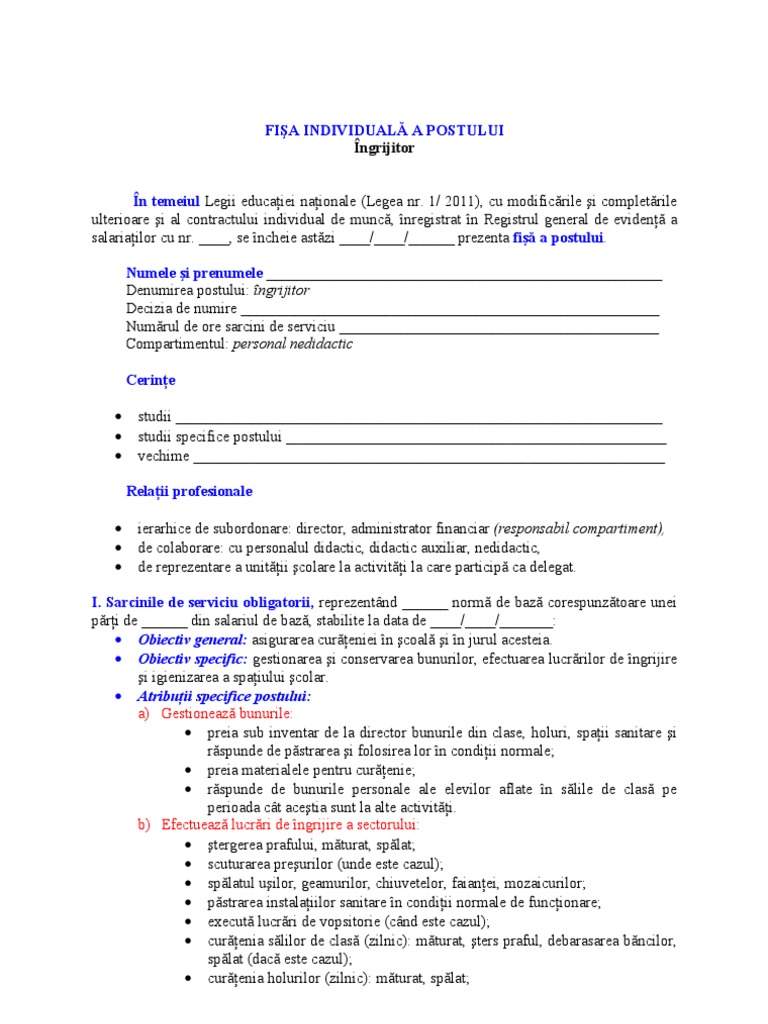 0 Fisa Postului Ingrijitor | PDF