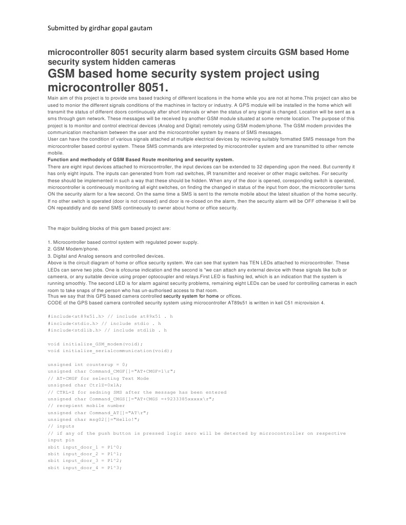 Microcontroller 8051 Security Alarm Based System Circuits GSM Based ...