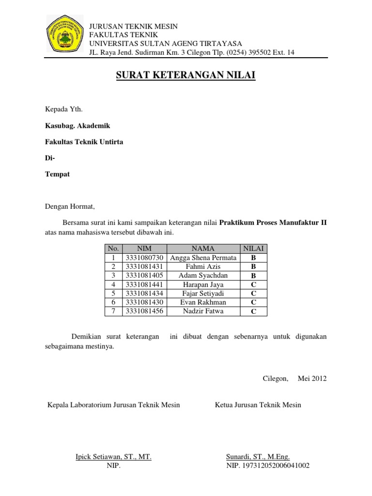 Surat Perbaikan Nilai | PDF