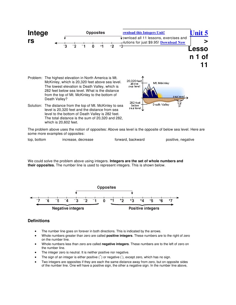 Intege Rs Lesso N 1 of 11: Unit 5 | PDF | Sea Level | Integer