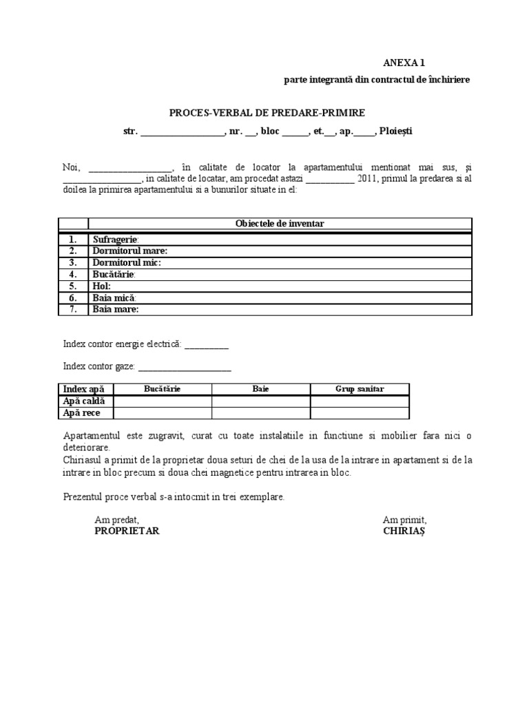 Proces Verbal de Predare Primire Apartament | PDF