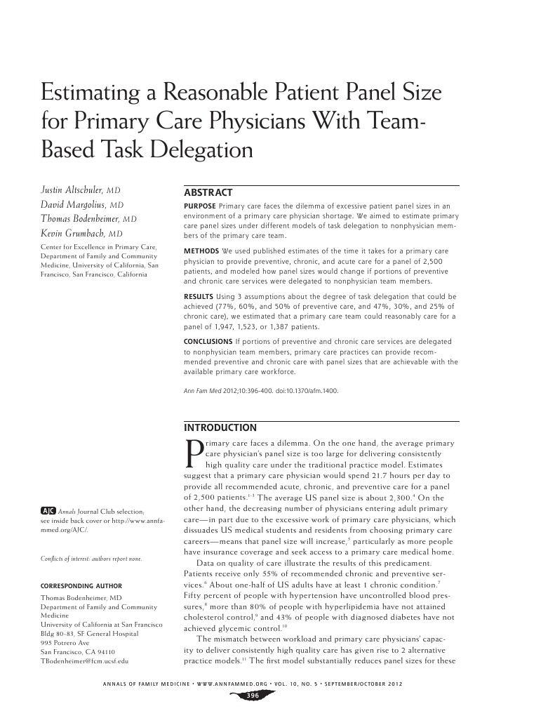 Estimating A Reasonable Patient Panel Size For Primary Care Physicians ...
