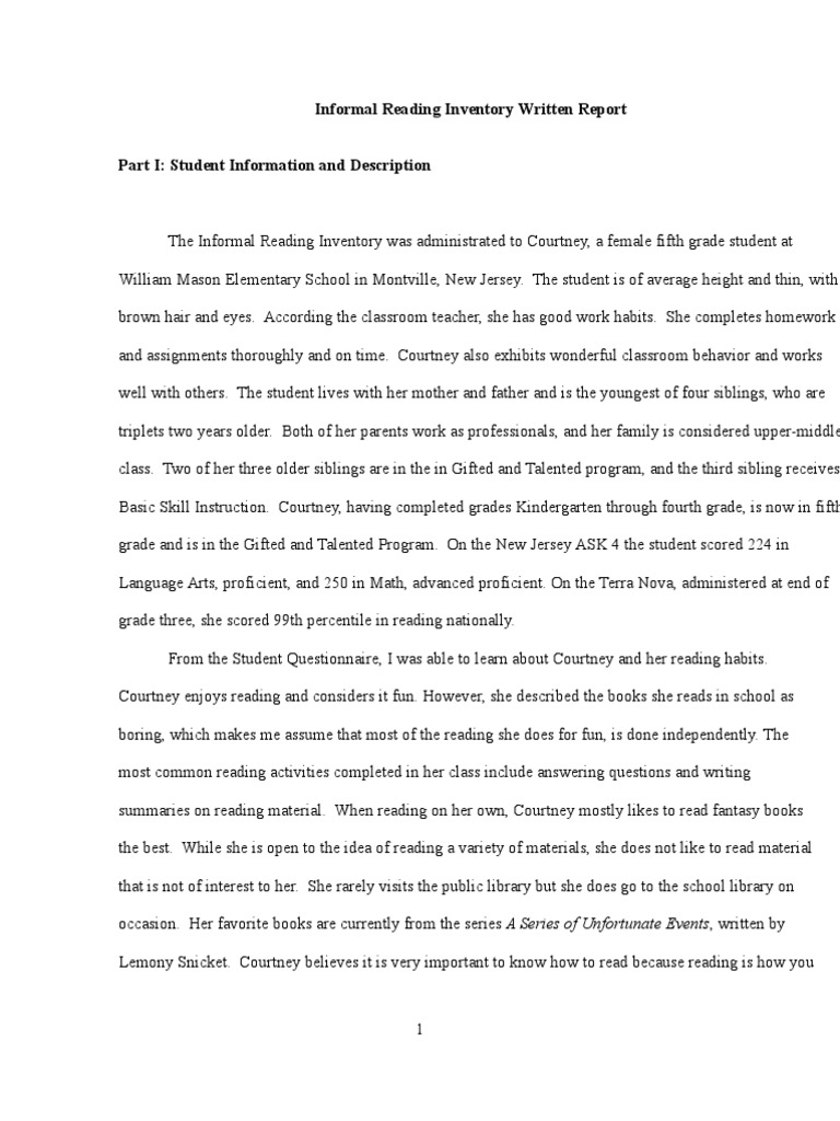 IRI Sample Report | PDF | Reading Comprehension | Cognitive Science