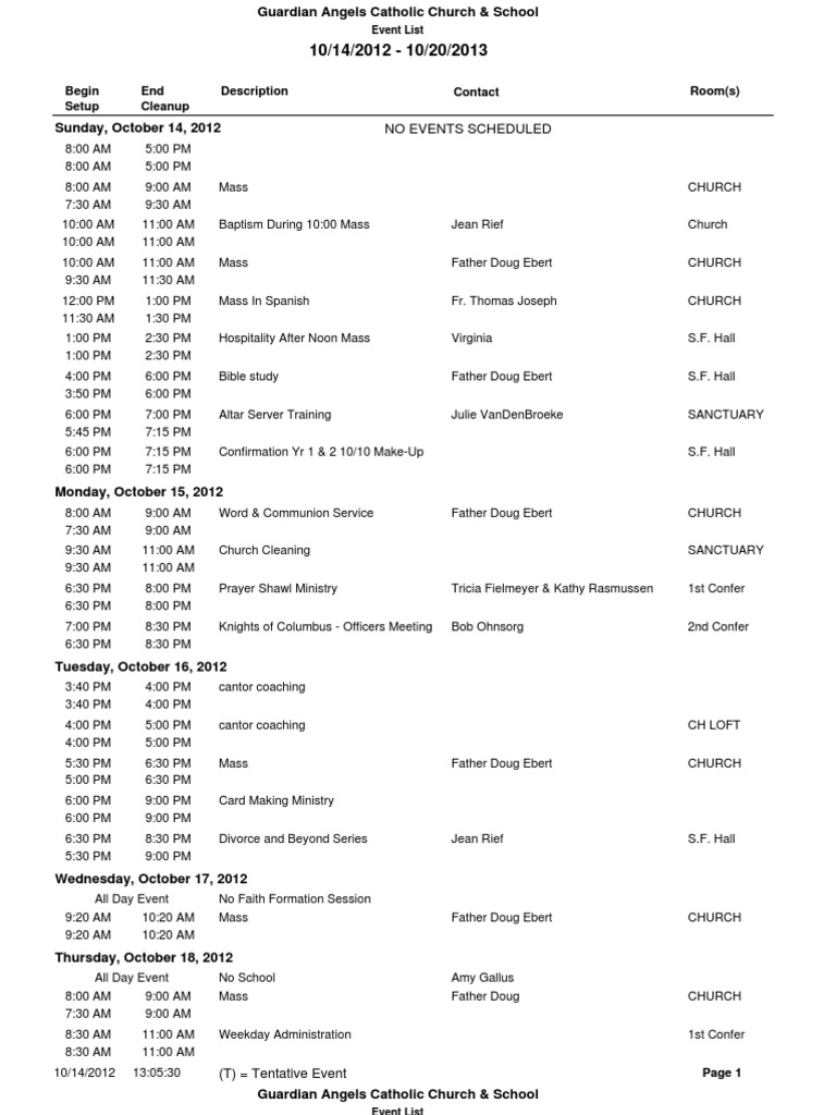 Parish Event Calendar Oct 14 2012 | PDF | Mass (Liturgy) | Workweek And ...