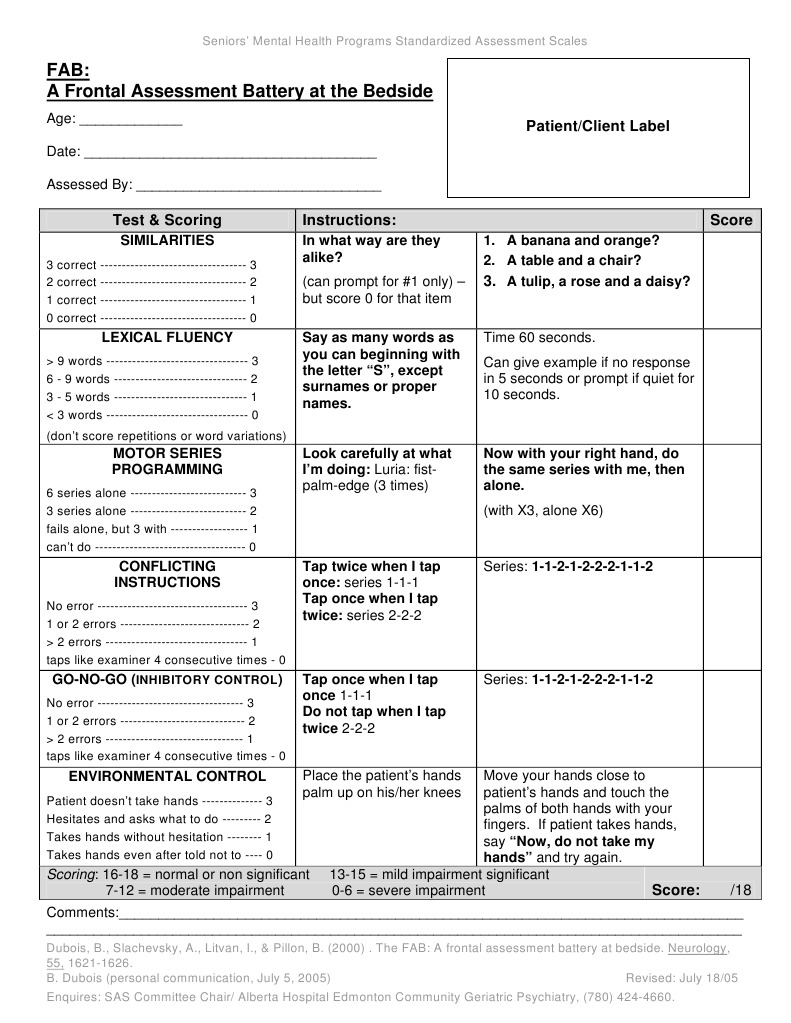 Fab: A Frontal Assessment Battery at The Bedside: Patient/Client Label ...