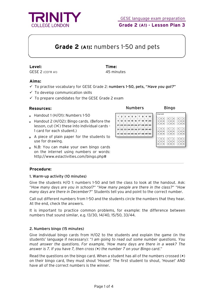 GESE Grade 2 - Lesson Plan 3 - Numbers and Pets (Final) | Test ...