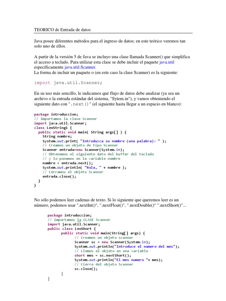 Teorico - Entrada de Datos | PDF | Java (lenguaje de programación) | Cadena (informática)