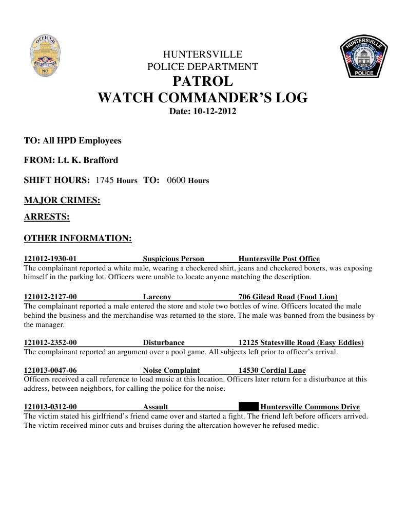 HPD Patrol Watch Log 10-12-12 Night | PDF | Law