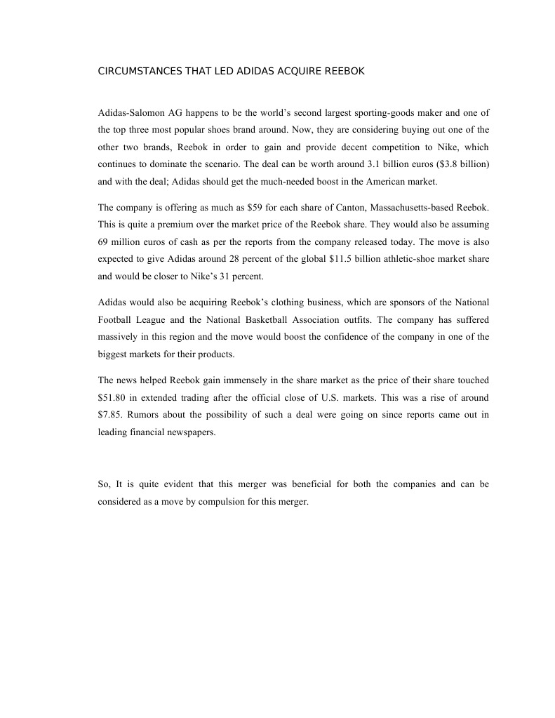 Adidas-Reebok Merger Case | PDF | Adidas | Mergers And Acquisitions