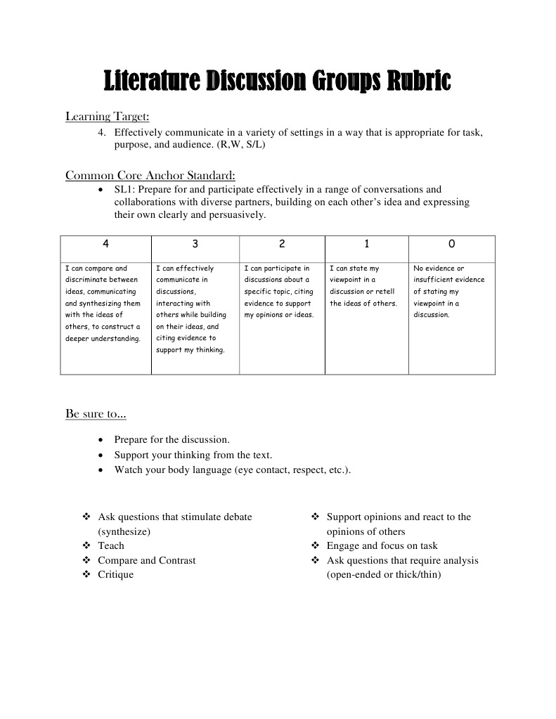 Literature Discussion Groups Assessment Rubric | PDF | Career & Growth