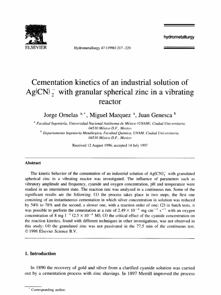 Cementation Kinetics of An Industrial Solution of AgCN2 With Granular ...