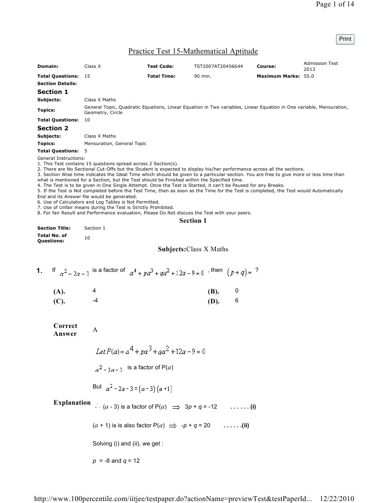 Practice Test 15-Mathematical Aptitude | Circle | Elementary Geometry
