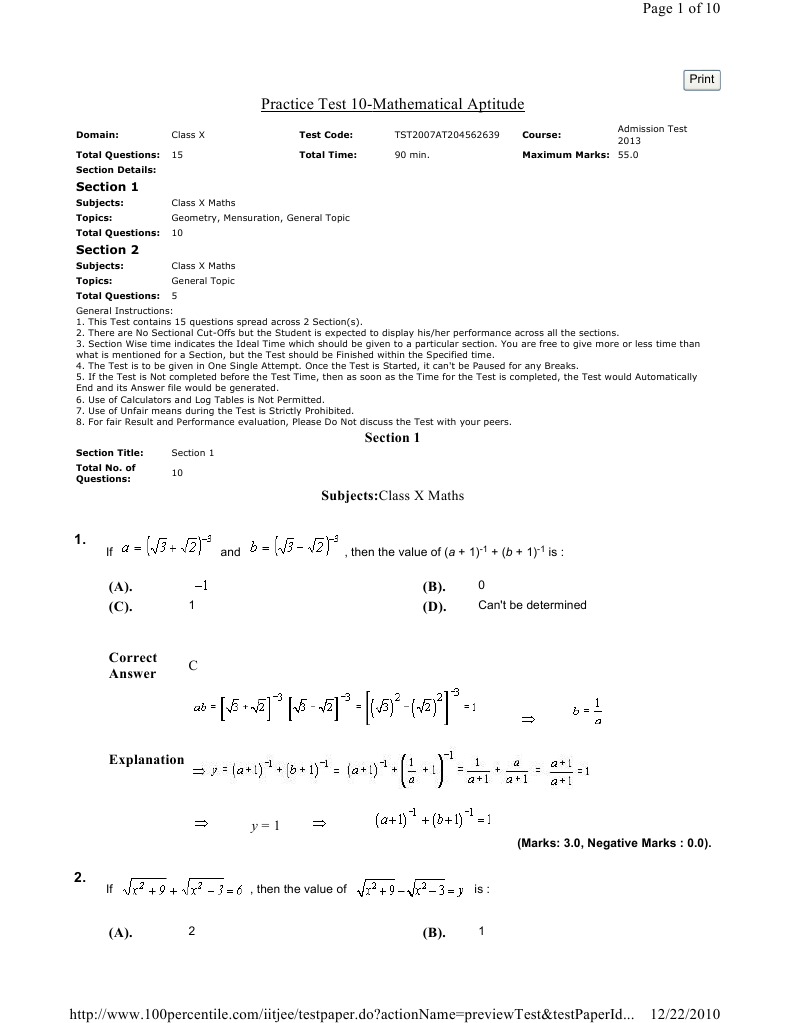 Practice Test 10-Mathematical Aptitude | PDF | Quadratic Equation ...